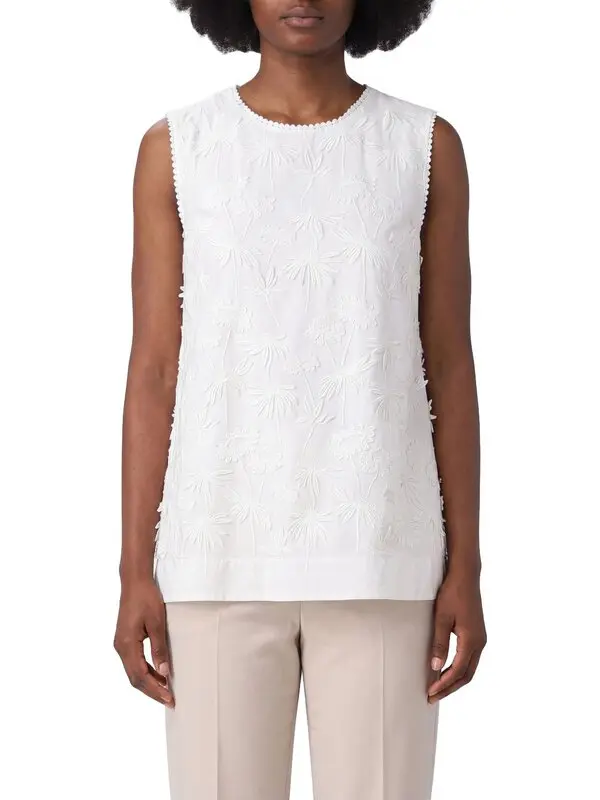 PAROSH Embroidered Sleeveless Cotton Top With Crew Neck - White