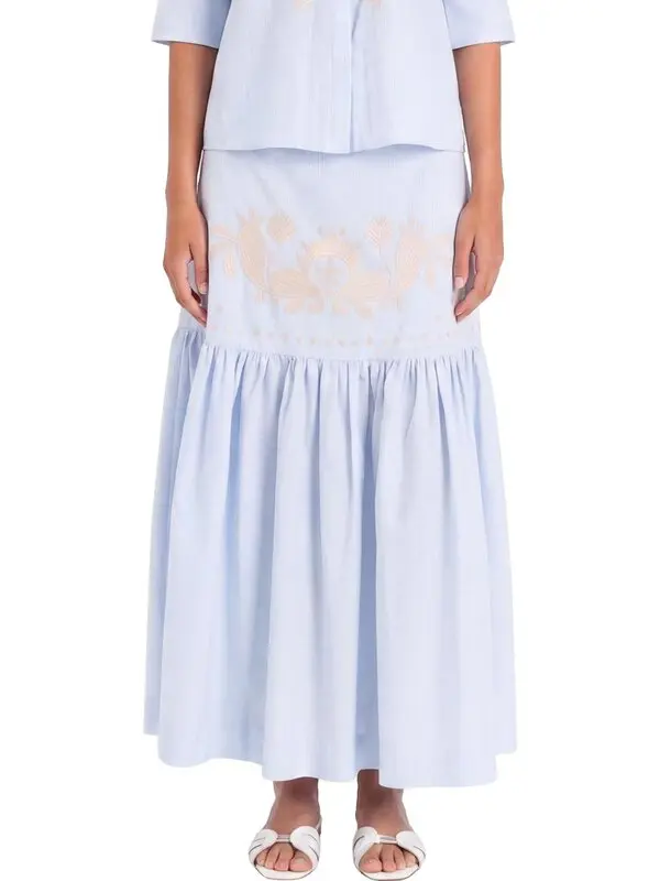 TWINSET High Waist Embroidered Pleated Maxi Skirt - Sky Blue