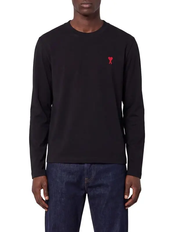 AMI Paris Long-sleeved Cotton Jersey T-shirt With Embroidered Logo - Black