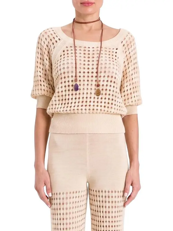TWINSET Perforated Cotton Knit Top With Boat Neck And Dropped Shoulders - Beige