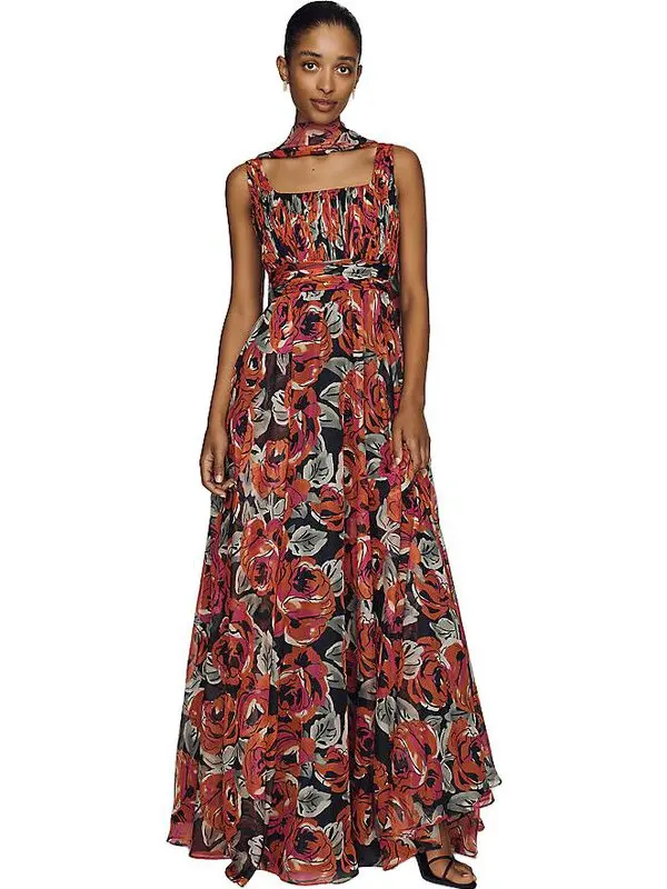 Mac Duggal Square-neck Scarf Maxi Dress - Pink Pattern