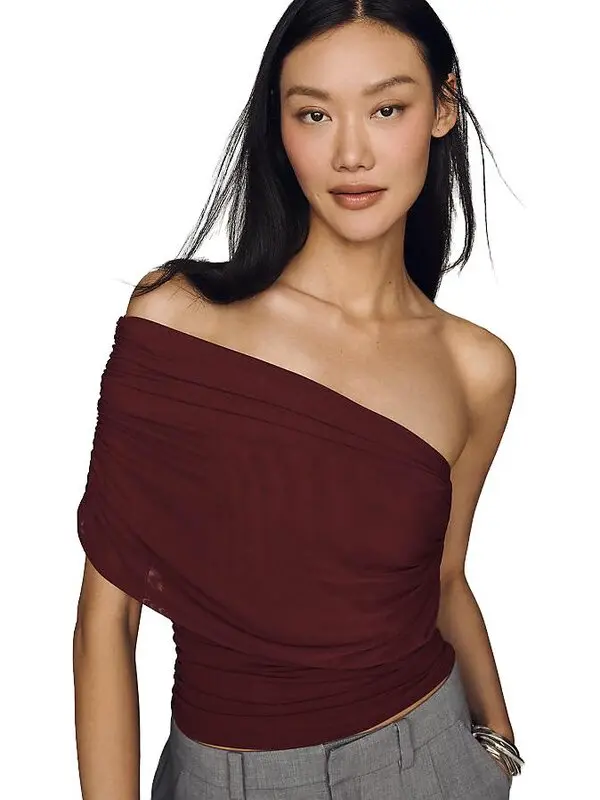 Bardot Harley One-shoulder Top With Dramatic Ruched Sleeve - Mulberry