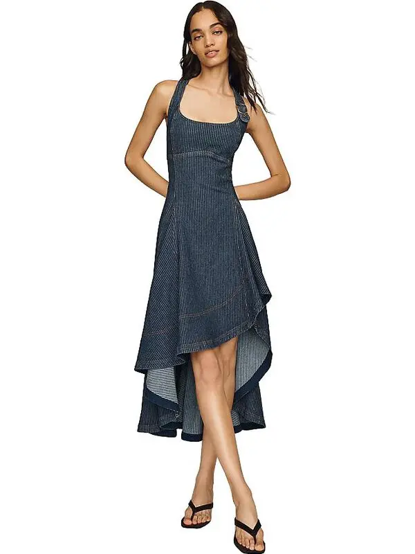 PILCRO Denim Fit-and-flare Midi Dress With Asymmetrical Hem - Dark Denim