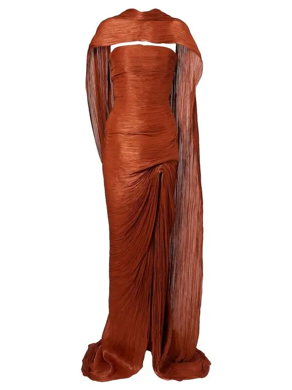 MARMAR HALIM Pleated Taffeta Bustier Gown And Detachable Scarf - Orange