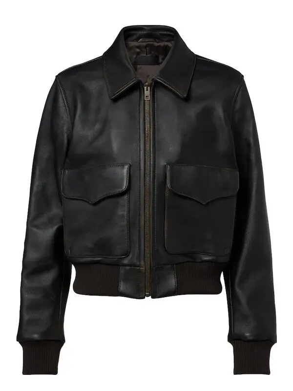 NILI LOTAN Distressed Black Leather Bomber Jacket - Brown