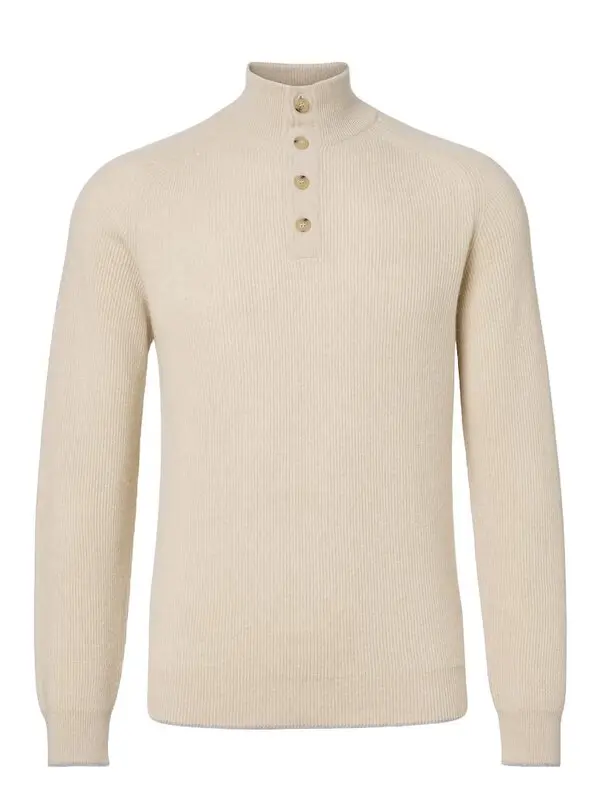 Fedeli Cashmere Turtleneck Sweater With Buttoned Front - Beige