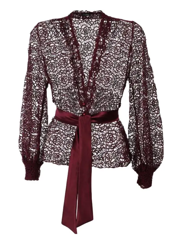 LUNA FASHION HOUSE Burgundy Lace Belted Sweater - Red