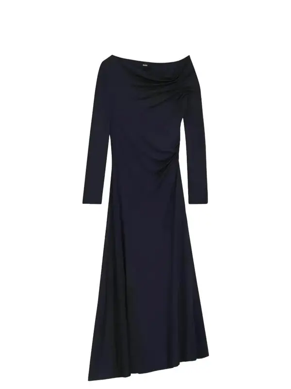 BOSS Asymmetric Neck Ruched Detailing Midi Dress - Blue