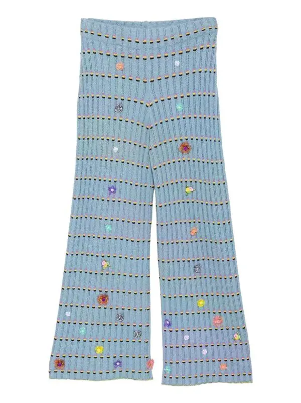 YANYAN Dusty Horizontal Stripe Floral Appliqué Trousers - Blue