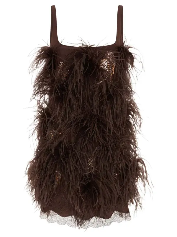16Arlington Sadie Mini Dress With Feather Embellishments - Chocolate