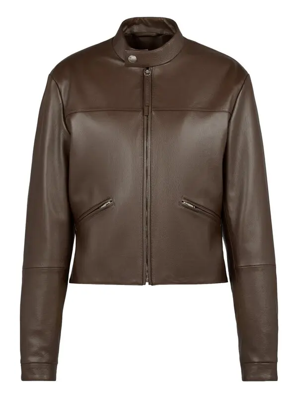 TOD'S Leather Biker Jacket With Monogram Detail - Brown