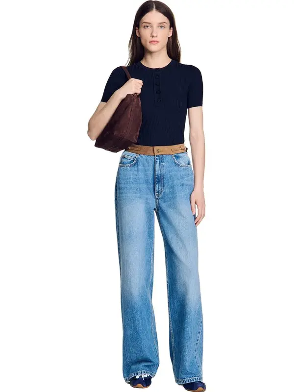 Sandro Ribbed Knit Top With Button Placket - Navy Blue