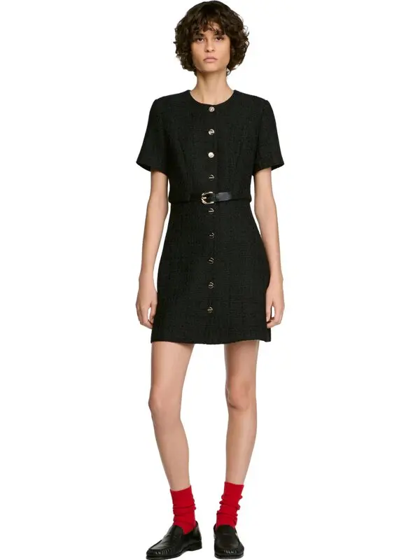 Sandro Short Belted Tweed Dress With Metal Buttons - Black