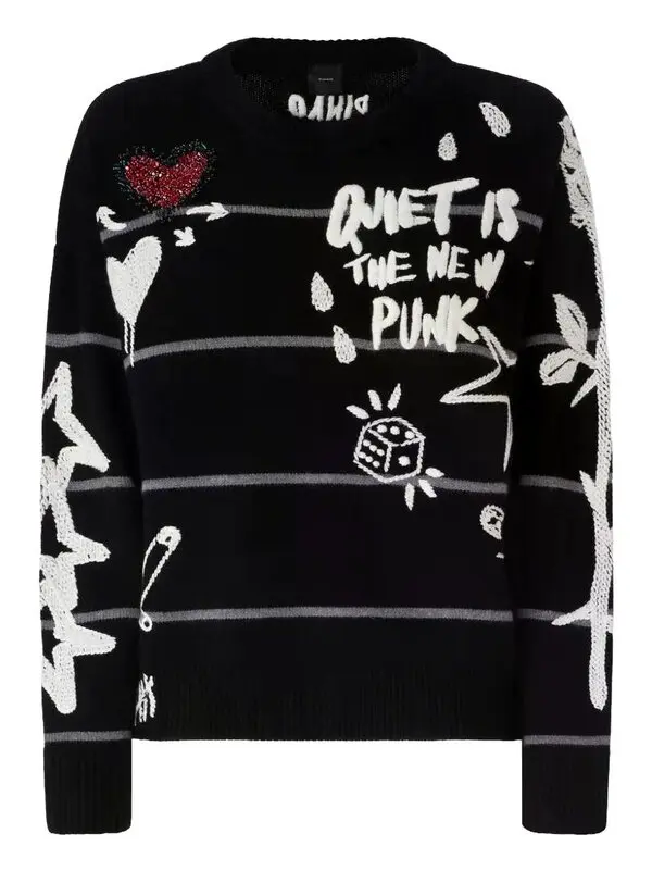 Pinko Intarsia-knit Sequin-embellished Crew Neck Sweater - Black