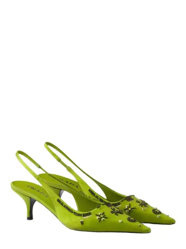 Prada Embroidered Satin Slingback Pumps - Green