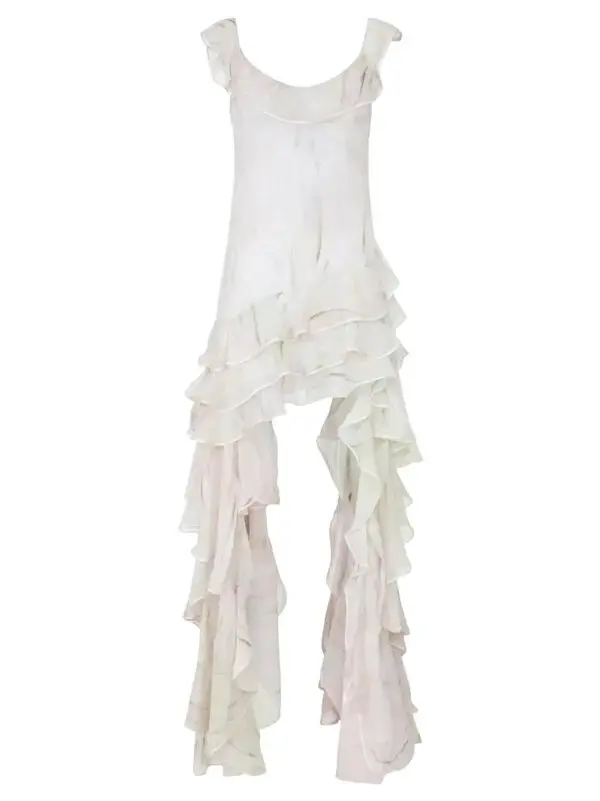 Elisabetta Franchi Georgette Dress With Feather Print And Ruffle Accents - Neutrals