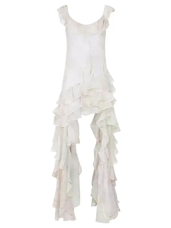 Elisabetta Franchi Georgette Dress With Feather Print And Ruffle Accents - Neutrals