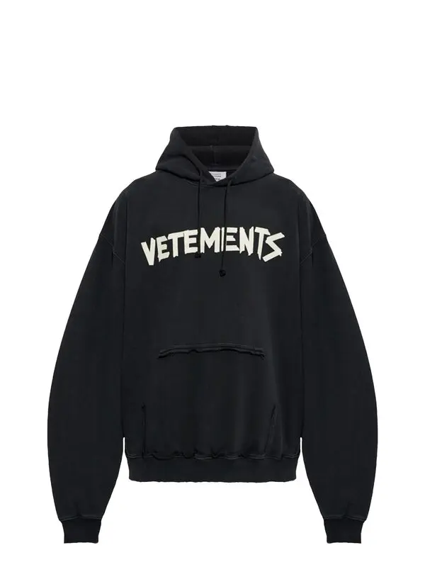 Vetements Distressed Logo Hoodie - Black
