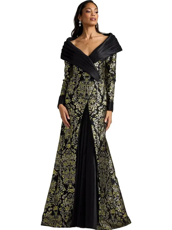 Tadashi Shoji Sorella Jacquard Portrait Collar Gown - Gold/multi