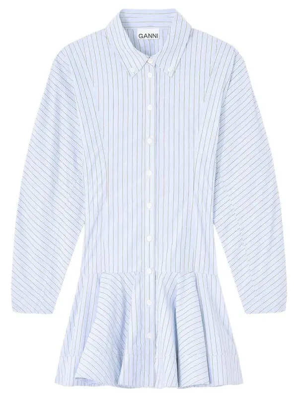 GANNI Stripe Print Cotton Mini Shirt Dress With Classic Collar And Ruffled Hem - Azzurro