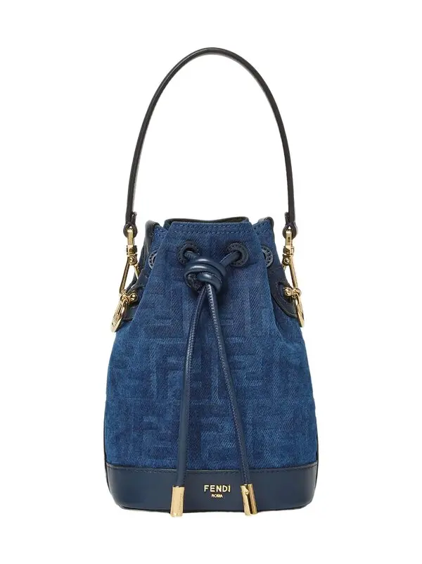 Fendi Flocked Ff Denim Bucket Bag With Calfskin Trim - Blu