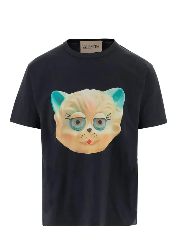 Valentino Garavani Round-neck Loose-fit Cotton T-shirt With Cat House Graphic Print - Blu