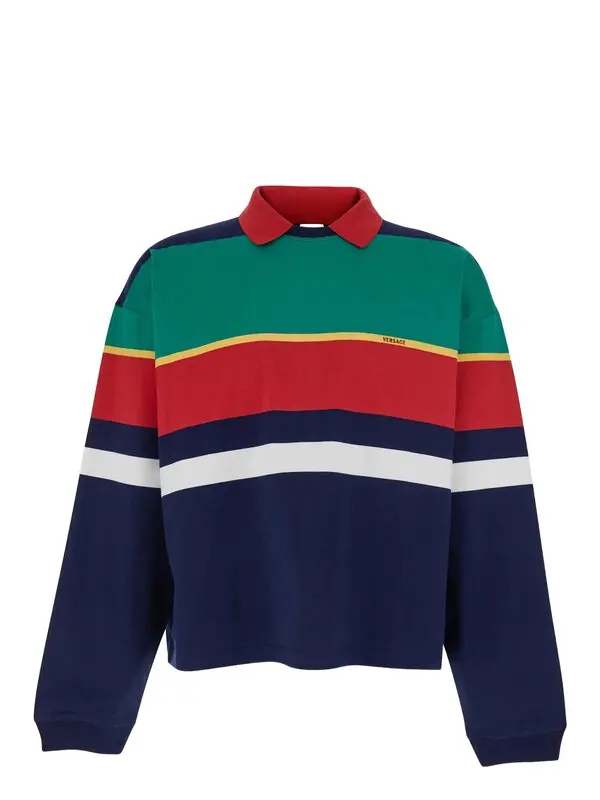 Versace Versatile Striped Cotton Polo-collar Sweatshirt With Embroidered Logo And Back Medusa Detail - Multicolor