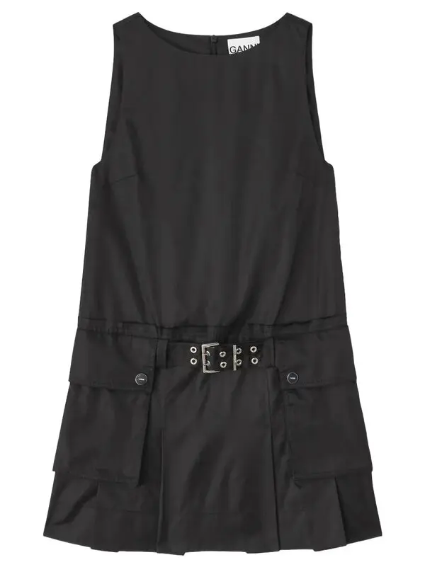 GANNI Round Neck Sleeveless Belted Mini Dress With Zip Closure And Patch Pockets - Nero