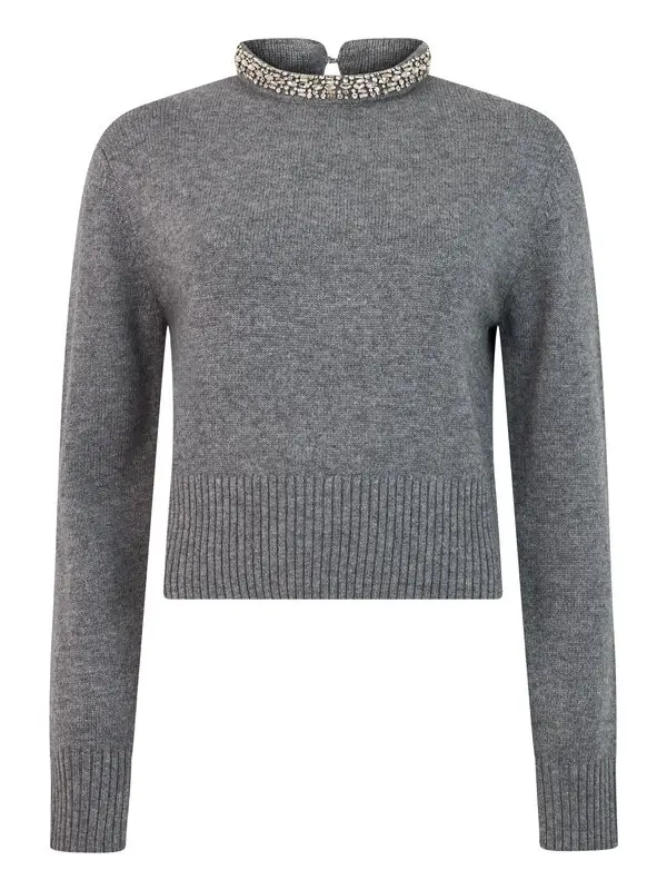 Pinko Rhinestone Collar Cropped Long-sleeve Sweater - Grey