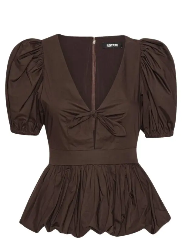 ROTATE BY BIRGER CHRISTENSEN Organic Cotton Mini Dress With Puff Sleeves And V-neck - Marrone