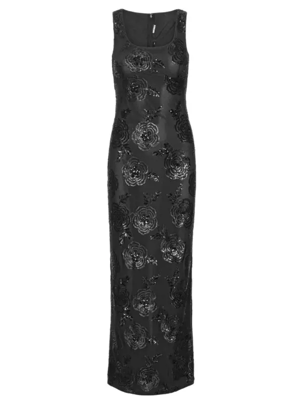 ROTATE BY BIRGER CHRISTENSEN Long Fitted Sequin Floral Embroidered Dress - Nero