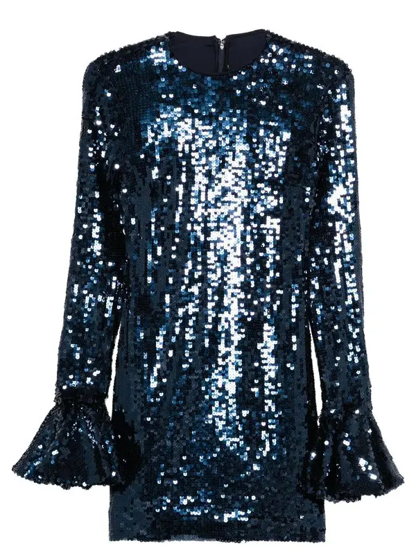ROTATE BY BIRGER CHRISTENSEN Sequin Flared Cuff Round Neck Dress - Blu