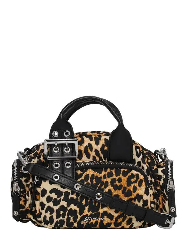 GANNI Leopard Print Mini Handbag With Top Handle And Adjustable Strap - Marrone