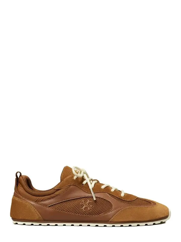 Tory Burch Lace-up Mesh Sneakers With Suede And Leather Trim - Marrone