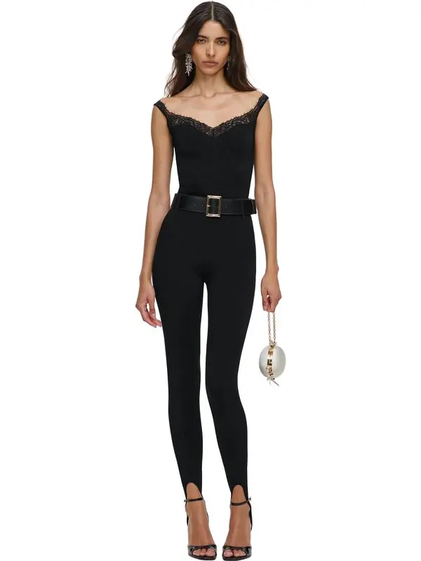 SELF-PORTRAIT Off-shoulder Fitted Top With Lace Trim And Low Back - Nero