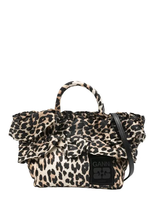 GANNI Animal Print Tote Handbag With Magnetic Closure - Marrone