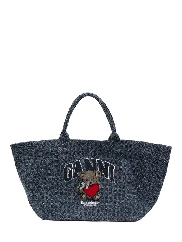 GANNI Organic Cotton Tote Handbag With Top Handles And Interior Pocket - Blu