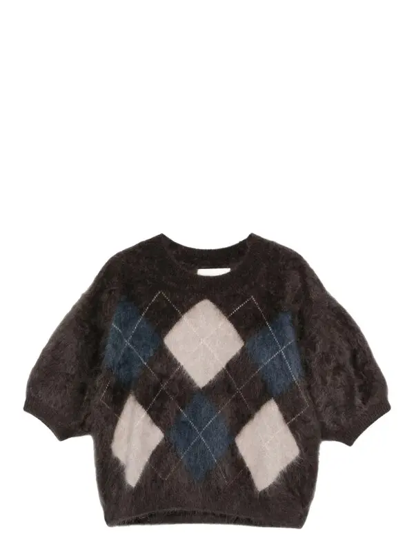 LISA YANG Crewneck Argyle Puff Sleeve Sweater - Marrone