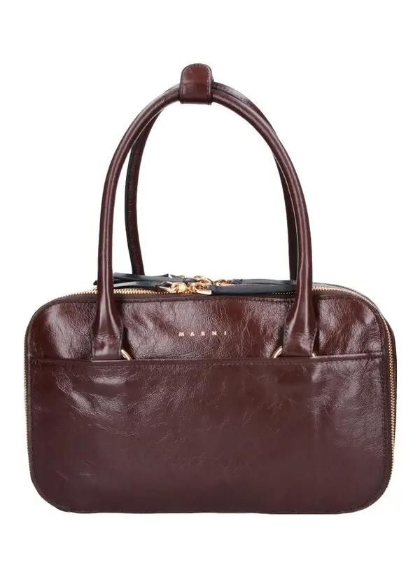 Marni Calf Leather Shoulder Bag With Brass Metallic Hardware - Brown