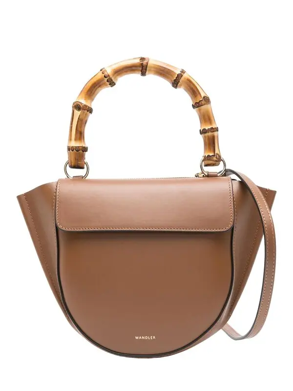WANDLER Structured Leather Mini Shoulder Bag With Bamboo Top Handle - Marrone