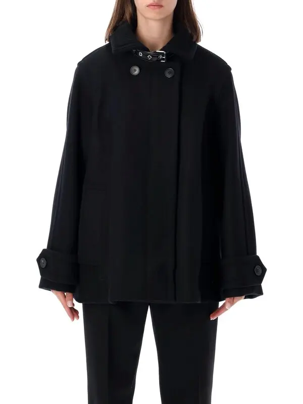 LANVIN Short Wool Jacket With Stand-up Collar And Contrast Vinyl Belt - Nero