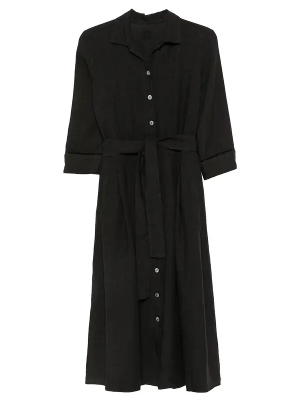 120% Lino 100% Linen Button-up Belted Mini Dress - Nero