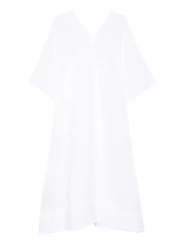 120% Lino Linen V-neck Kaftan With Contrast Hem And Sleeves - Bianco