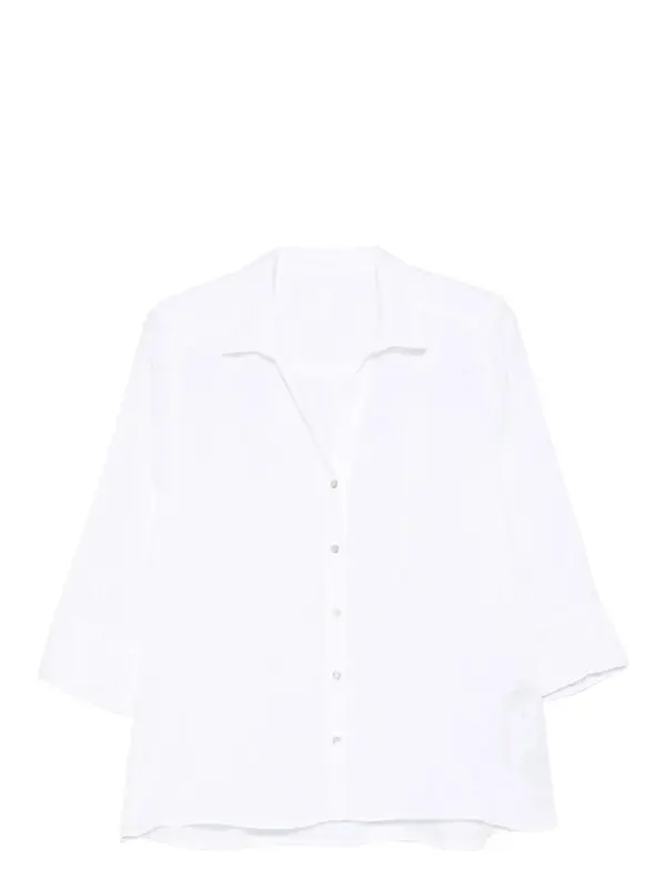 120% Lino Sheer Short Sleeve Button-front Blouse - Bianco