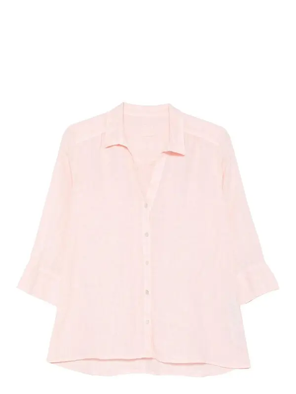 120% Lino Classic Linen V-neck Shirt With Long Sleeves And Pointed Collar - Rosa