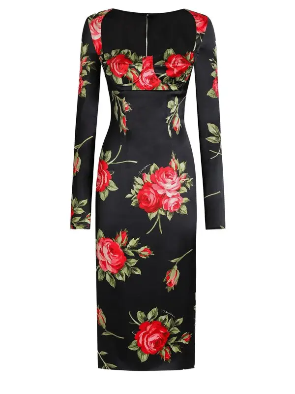 Dolce & Gabbana Sheath Dress With Rose Bouquet Print And Front Bra Detail - Nero