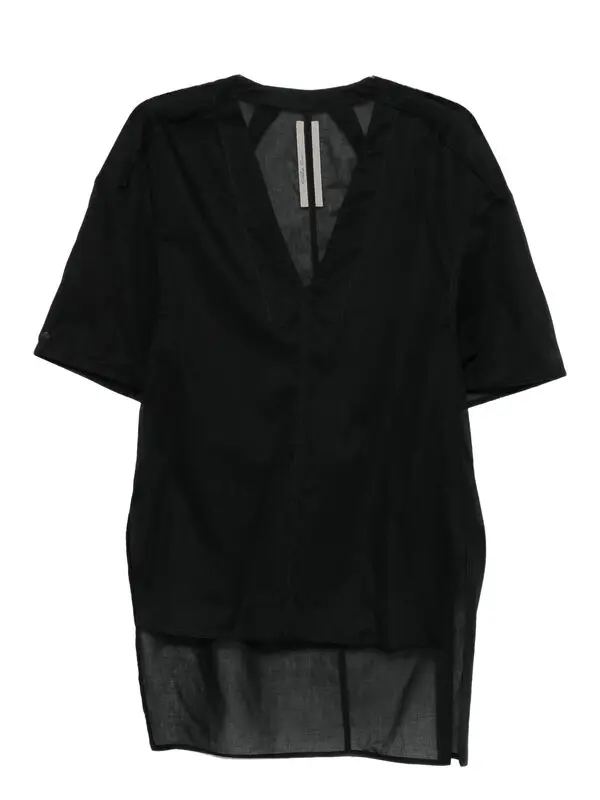 Rick Owens Short-sleeved V-neck Cotton Blouse With Side Slits - Nero