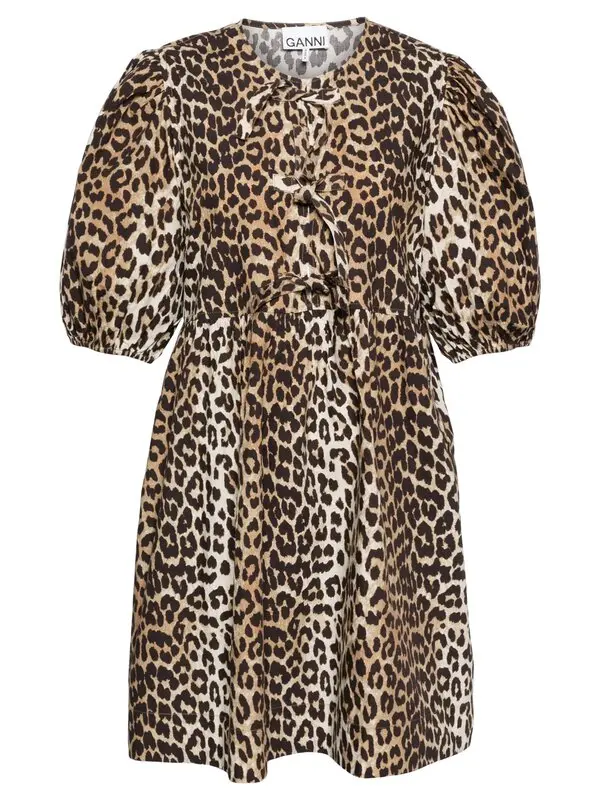 GANNI Leopard Print Cotton Mini Dress With Bow Detail - Marrone