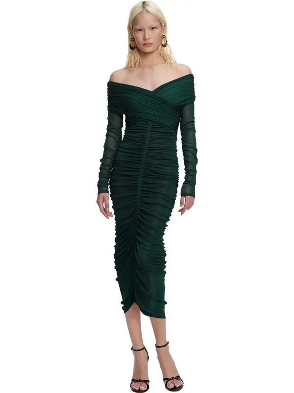 SELF-PORTRAIT Off-the-shoulder Gathered Viscose Midi Dress - Verde