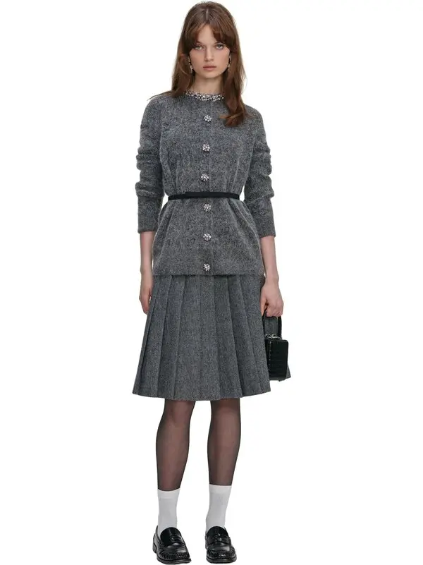 SELF-PORTRAIT Sparkly Trim Knit Cardigan With Snap Closure - Grigio